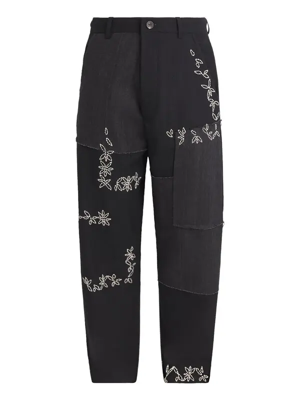 KARTIK RESEARCH Wool-linen Embroidered Patchwork Trousers - Black