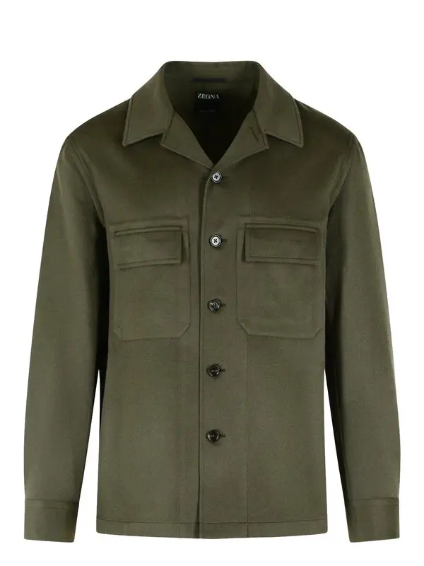 Zegna Alba Overshirt In Dark Olive Green Cashmere Oasis Mélange - Brown