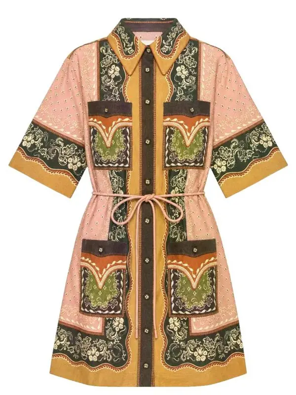 ALEMAIS Darcey Paisley-print Belted Mini Shirt Dress - Orange