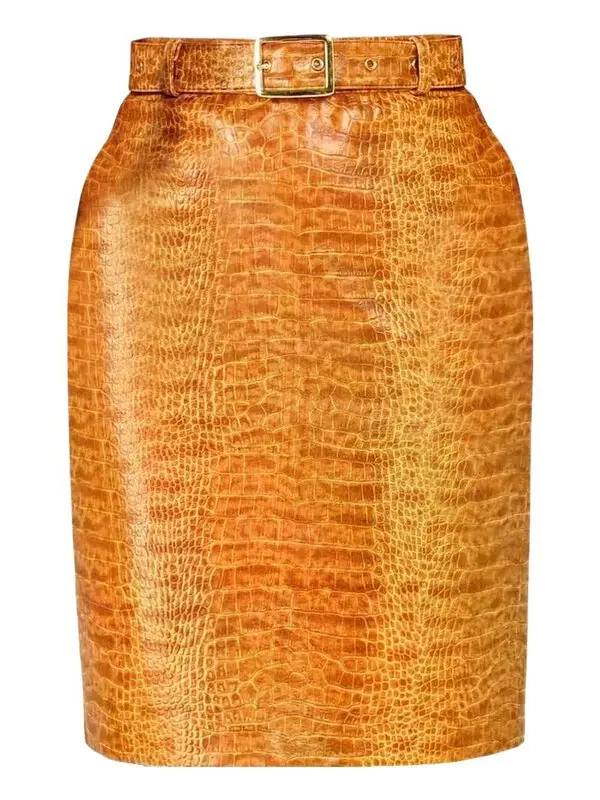 ROWEN ROSE Croc-effect Belted Pencil Skirt - Brown