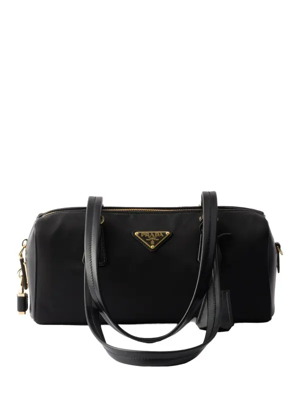 Prada Re Nylon And Leather Medium Top Handle Bag With Padlock - Nero