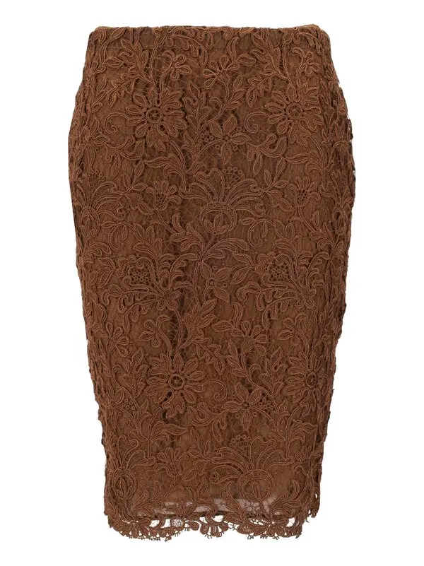 Saint Laurent Jupe Crayon En Dentelle Guipur - Caramel