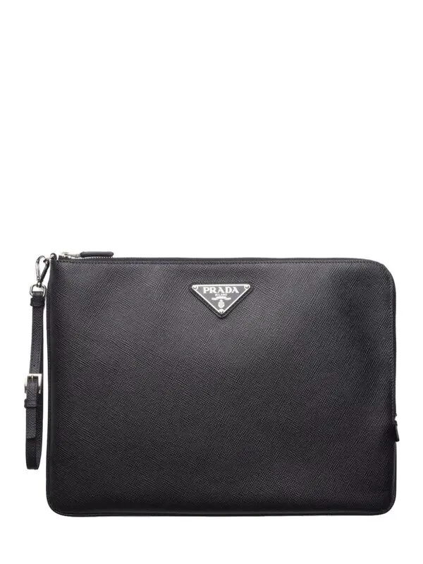 Prada Triangle Logo Leather Clutch Bag - Nero
