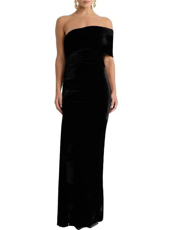 Bardot Calia Velour Off The Shoulder Maxi Dress - Black