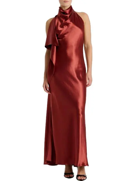 Bardot Sierra Drape Mock Neck Halter Satin Gown - Rust