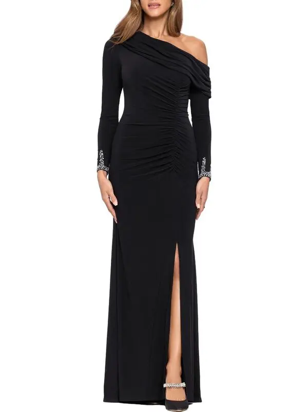Betsy & Adam Ruched Beaded Cuff Long Sleeve Gown - Black/silver