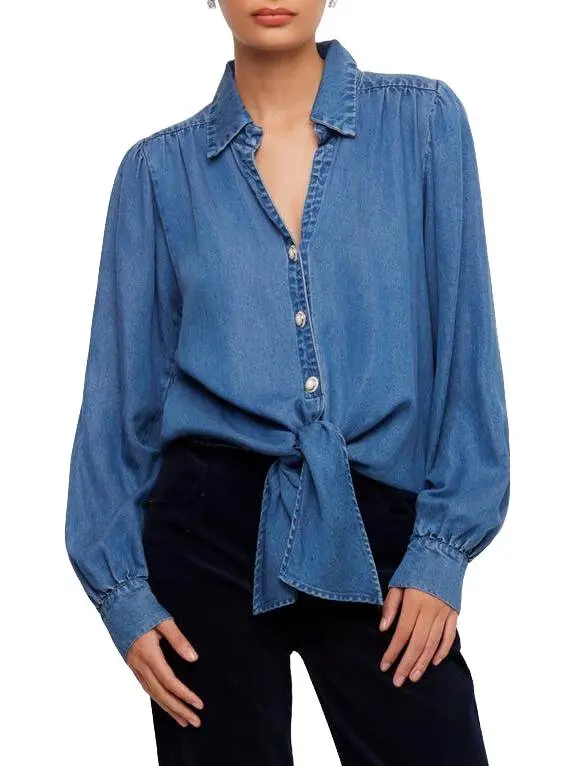 Karen Kane Tie Front Denim Top - Medium Blue