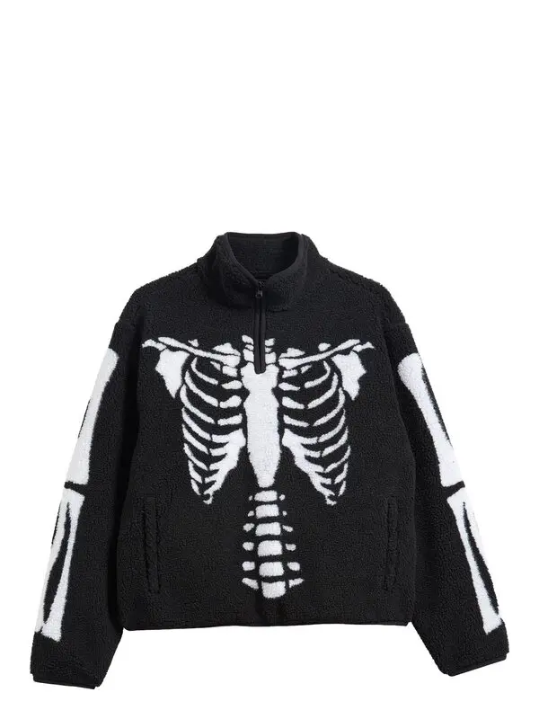MARKET Skeletal Print High Pile Fleece Quarter Zip Pullover - Black