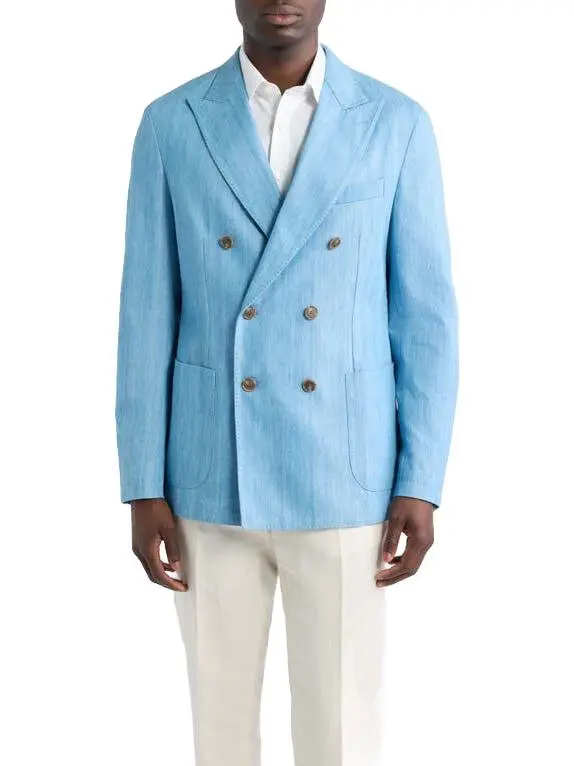 BOSS Hanry Double Breasted Cotton Denim Sport Coat - Light/pastel Blue