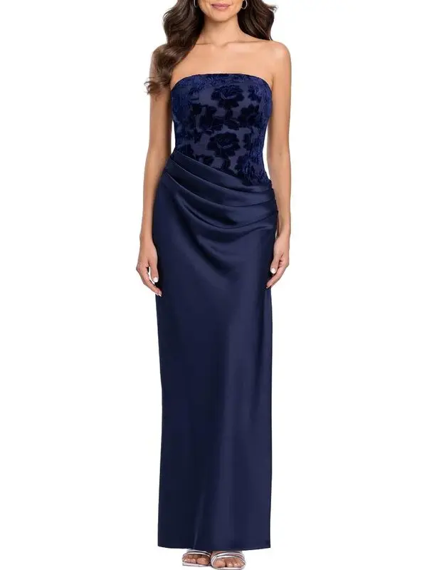 Betsy & Adam Velvet Burnout Bodice Strapless Sheath Gown - Navy