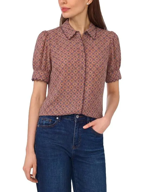 CECE DUPRAZ Print Scallop Puff Sleeve Shirt - Hazel