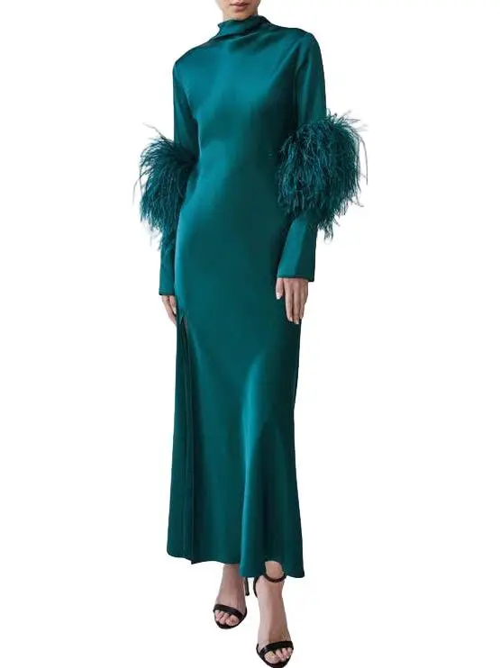 Lapointe Satin Draped Neck Bias Dress With Feathers - Emerald