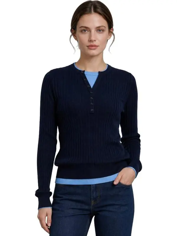 GALLERY SEVEN Wool Blend Cable Knit Layered Look Pullover Top - Deep Navy