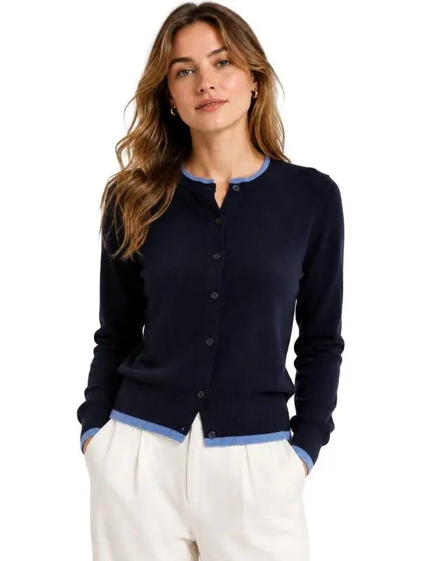 GALLERY SEVEN Wool Blend Contrast Trim Button Cardigan - Deep Navy