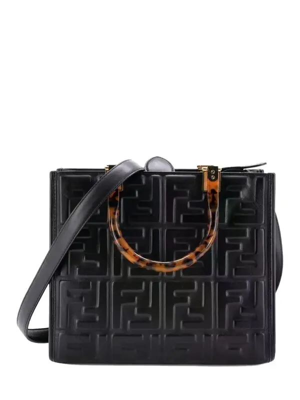 Fendi Sunshine Shopper Tote Zucca Embossed Leather Small Shoulder Bag - Black