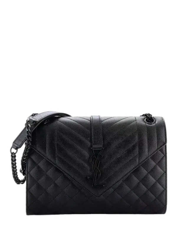 Saint Laurent Classic Monogram Envelope Satchel Mixed Matelasse Leather Medium Shoulder Bag - Black