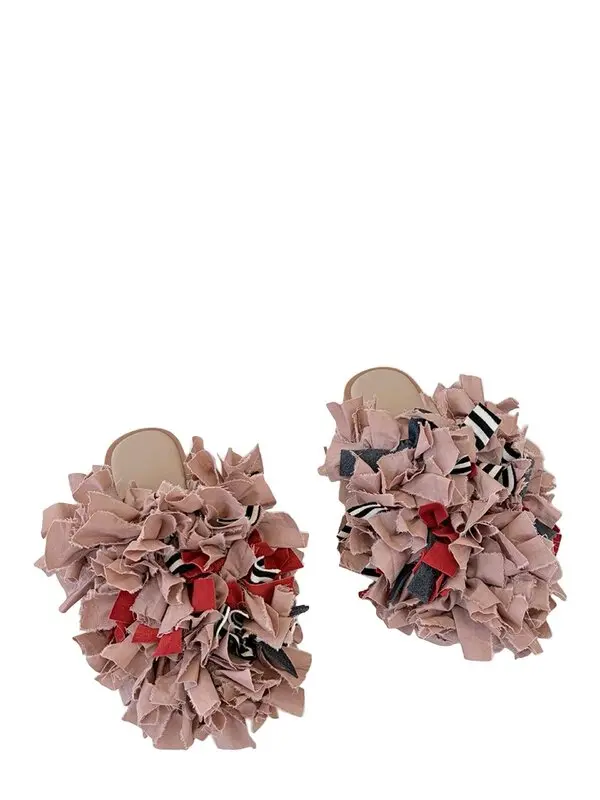 LONDON ATELIER BYPRODUCT Neutrals Pom Pom Blush Fabric & Leather Mules Slip On Shoes - Black