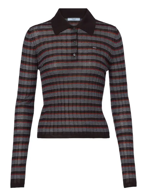 Prada Striped Cashmere And Silk Polo Sweater - Brown