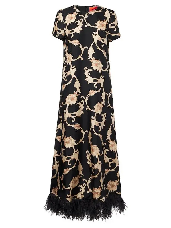 La DoubleJ Buttercup Feather-trimmed Silk Maxi Dress - Multicoloured