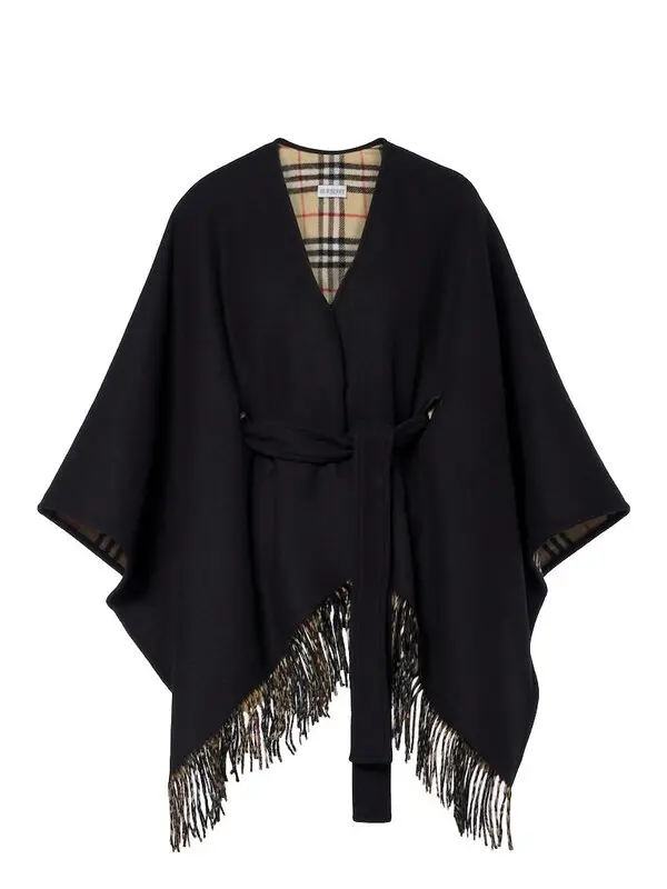 Burberry Check Fringed Wool Cape - Black