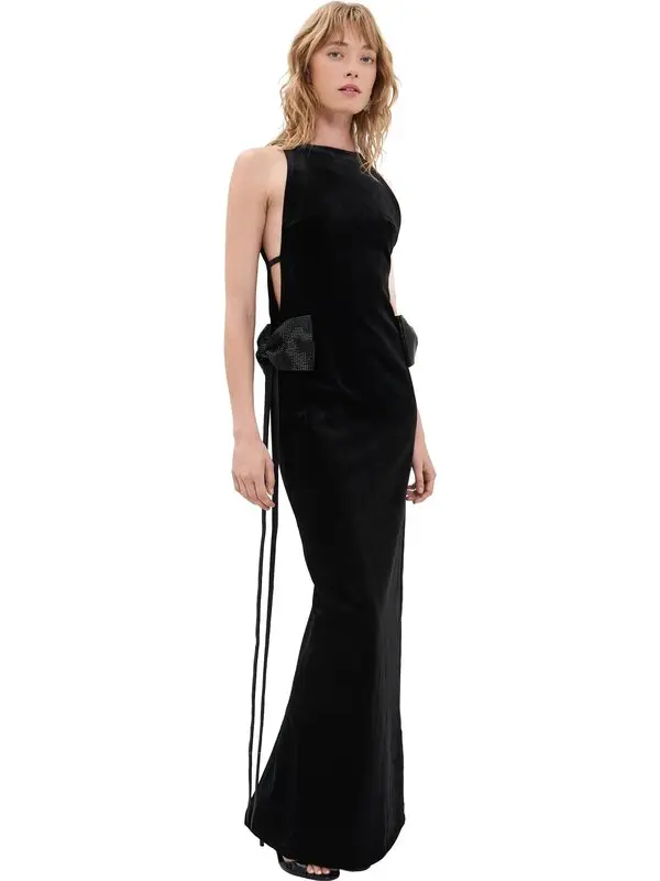SELF-PORTRAIT Velvet Bow Sides Maxi Dress - Black