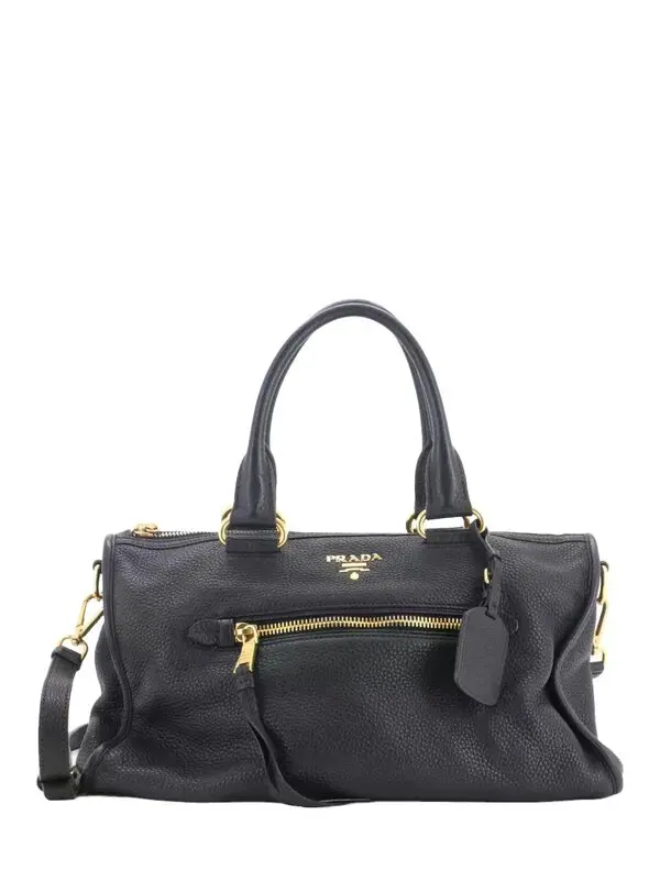 Prada Front Zip Convertible Vitello Phenix Medium Satchel - Black