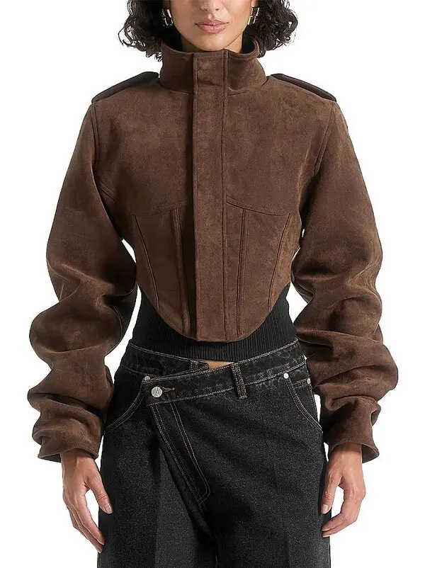 Manière De Voir Solange Suede Tacked Sleeve Corset Jacket - Brown