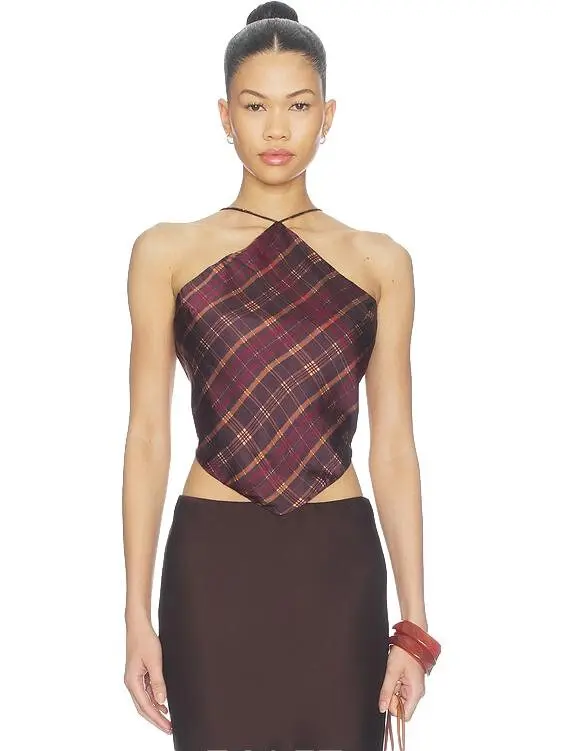 Rococo Sand Halter Neck Top In Burgundy - Plaid