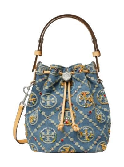 Tory Burch T Monogram Mini Denim Bucket Bag - Gray