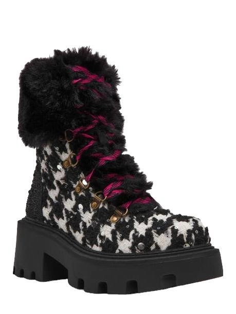 Betsey Johnson Matillda Platform Boot With Faux Fur Trim - Houndstooth