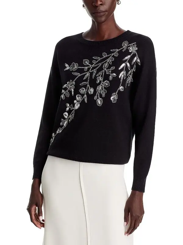 T Tahari Floral Embellished Crewneck Sweater - Black