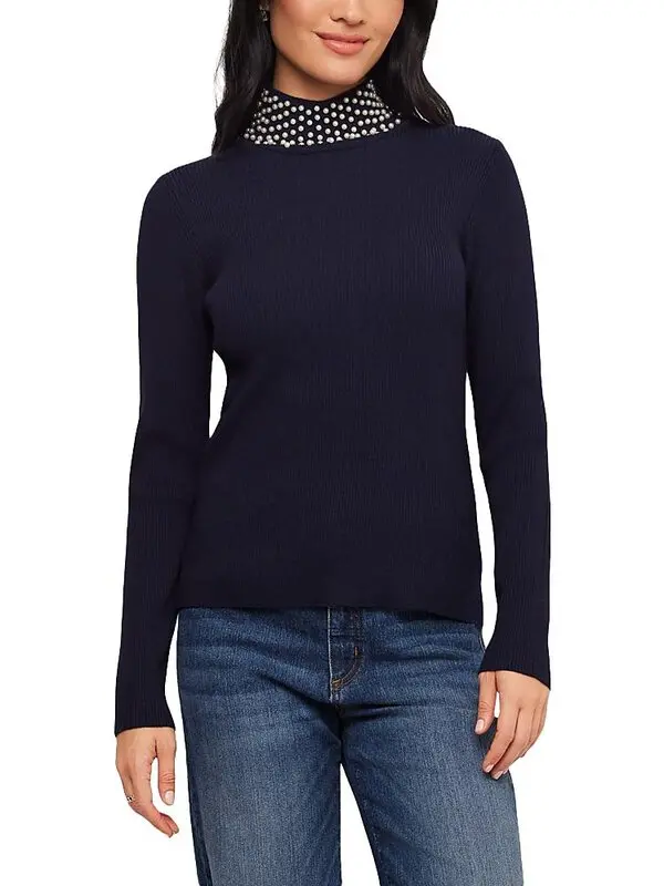 Karen Kane Faux Peal Embellished Turtleneck Ribbed Sweater - Navy