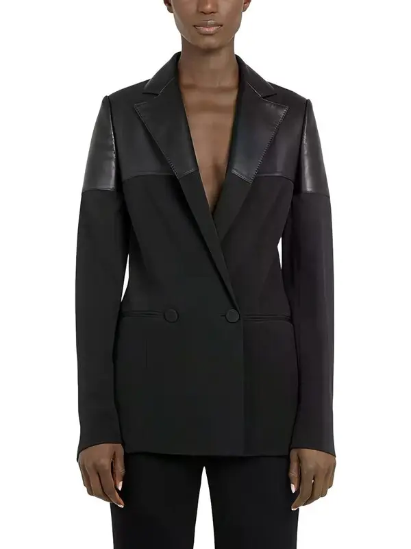 FERRAGAMO Leather-panelled Double-breasted Blazer - Black