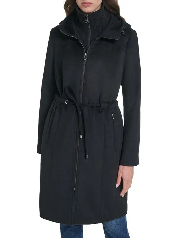Cole Haan Hooded Wool Blend Zip Up Coat - Black