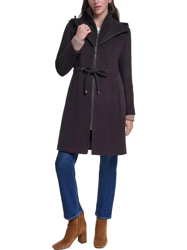Cole Haan Hooded Wool Blend Zip Up Coat - Brown