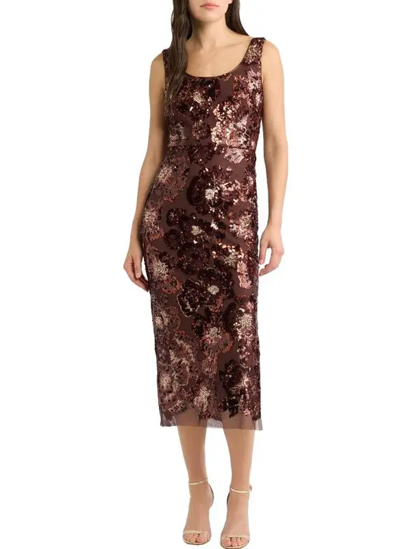 Eliza J Sequin Sleeveless Midi Dress - Chocolate