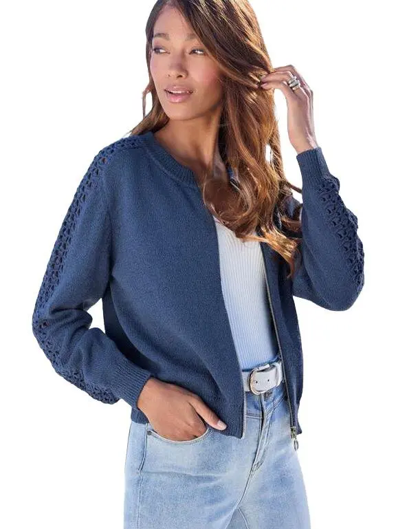 LASCANA Crochet Bomber Jacket - Navy