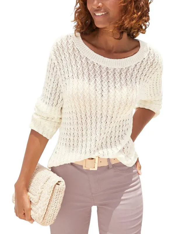 LASCANA Open Knit Crew Neck Sweater - Ivory