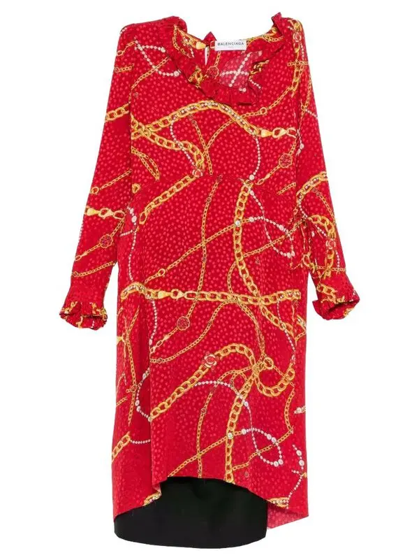 Balenciaga Chain-print Ruffled Dress - Red