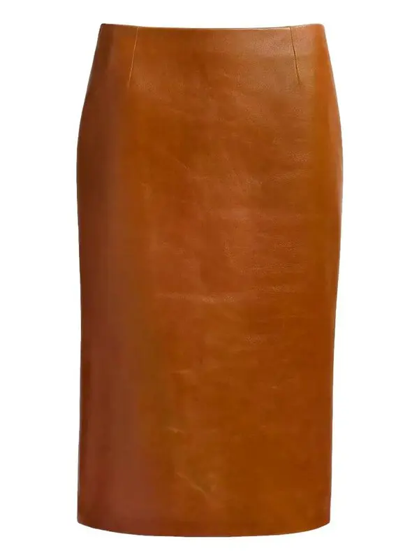 Elie Saab Leather Pencil Midi Skirt - Brown