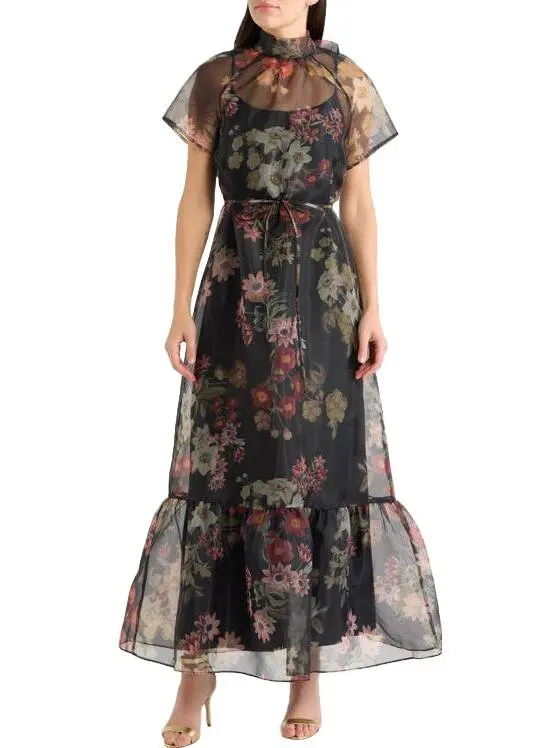 Julia Jordan Print Tie Waist Organza Gown - Black Multi