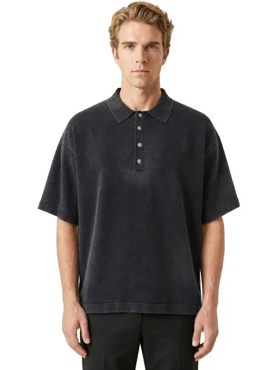 MODENAIRE Washed Short Sleeve Snap Button Polo Shirt - Black