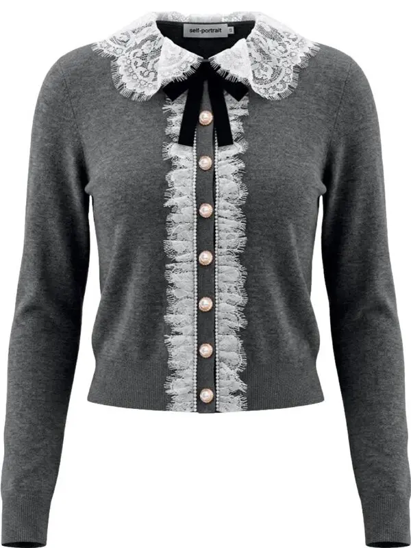 SELF-PORTRAIT Cardigan With Lace Collar And Bow Detail - Grey