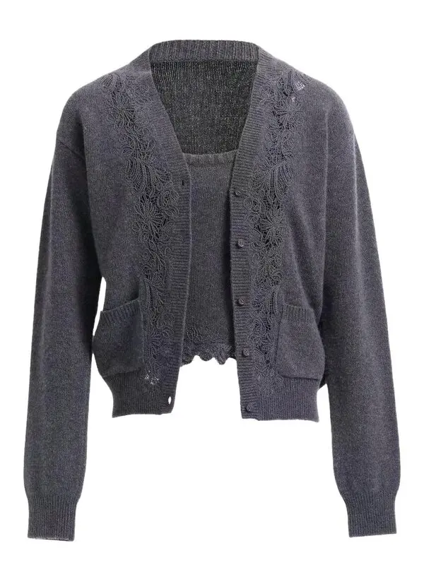 Elie Saab Lace-trim Knit Cardigan And Top Set - Grey