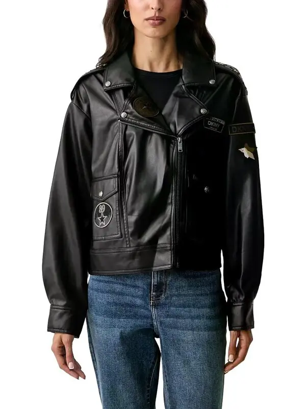 Dkny Patch-detail Biker Faux-leather Jacket - Black