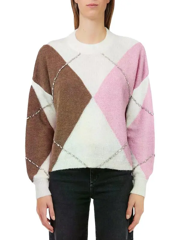Liu Jo Argyle Crystal-embellished Sweater - Neutrals