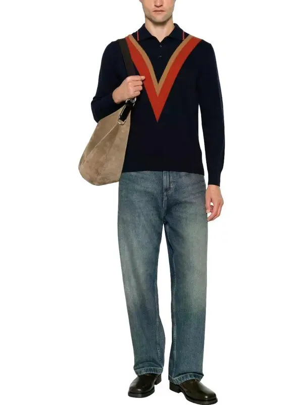 GALLIA Chevron-knit Polo Sweater - Blue