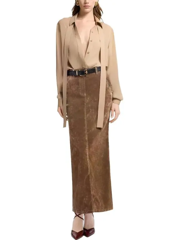 Elie Saab Flocked Denim Maxi Skirt - Brown