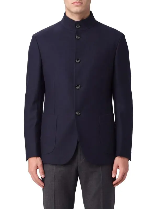 Giorgio Armani Slim Fit Single-breasted Virgin Wool Blazer With High Collar - Navy