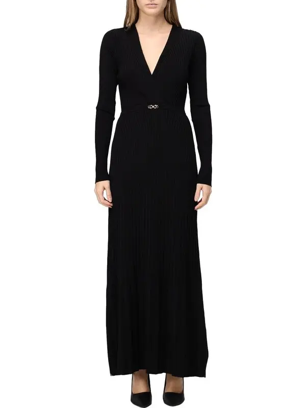 TWINSET Slim Fit Pleated Knit Midi Dress In Viscose With V-neck And Belt - Black